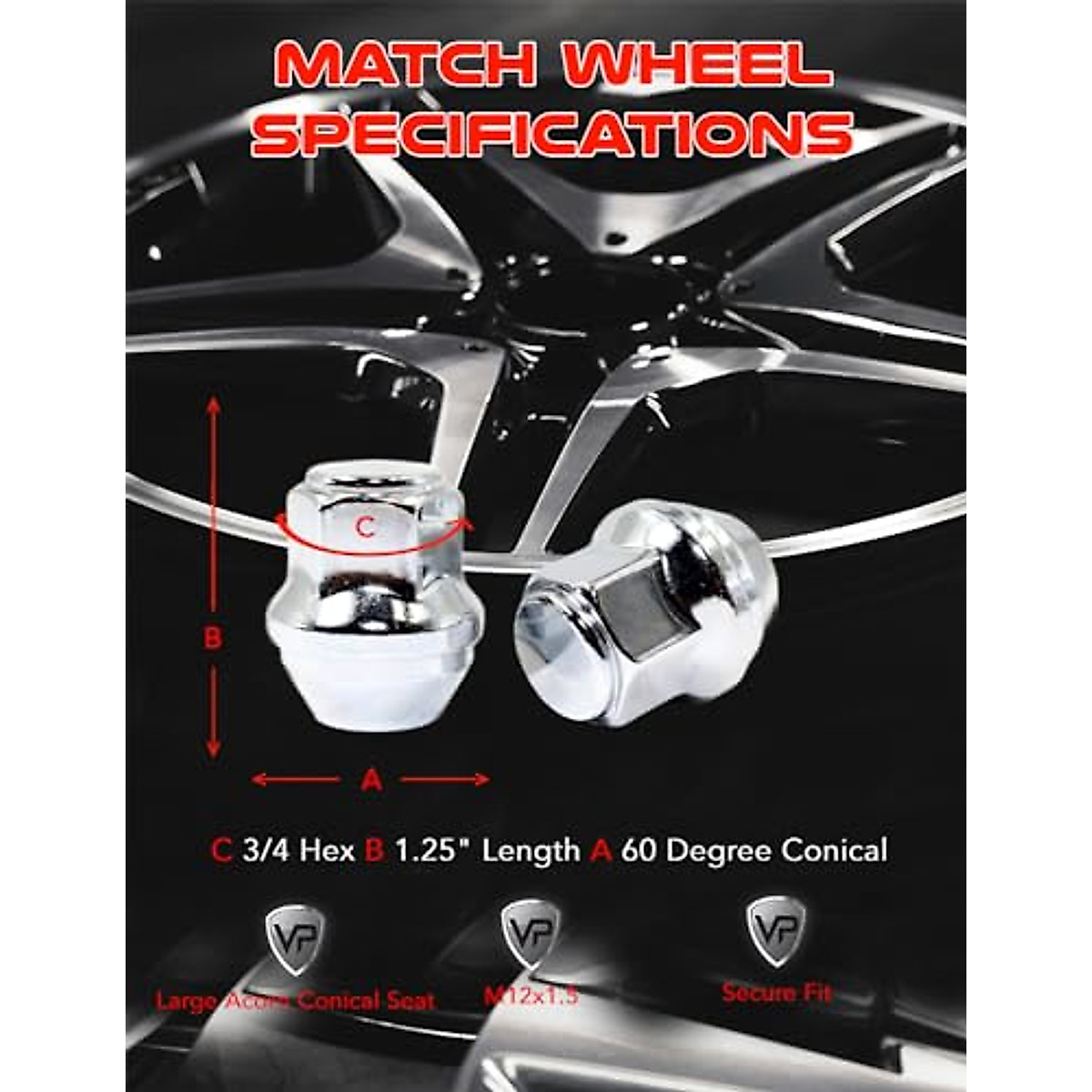 Set of 20 Veritek 12x1.5mm 3/4 19mm Hex 1.25 Inch 31.75mm Length Chrome OEM Factory Style Large Acorn Seat Lug Nuts for Ford Focus Fusion Escape Lincoln MKC MKZ Factory Wheels