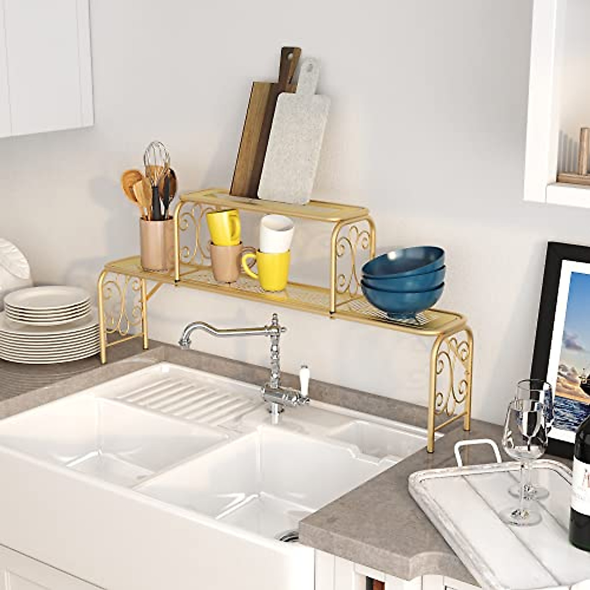 HOMEFORT Scroll Over The Sink Shelf Kitchen, Metal 2-Tier Storage Rack for Kitchen Accessories, Multi-Purpose Shelf for Top of Sink,36.02" W x6.10 D x15.74 H