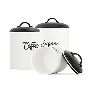 Barnyard Designs Black White Canister Sets for Kitchen Counter, Vintage Kitchen Canisters, Country Rustic Farmhouse Decor Kitchen, Coffee Tea Sugar Farmhouse Kitchen Decor, Metal, Set of 3