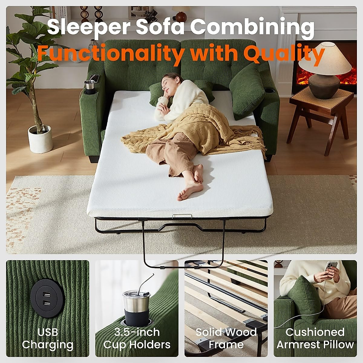 CHIC HOUSE Pull Out Sofa Bed, Full Size Sleeper Sofa, 2-in-1 Convertible Corduroy Couch with USB Charging, Memory Form Couch for Living Room, Apartment and Small Space