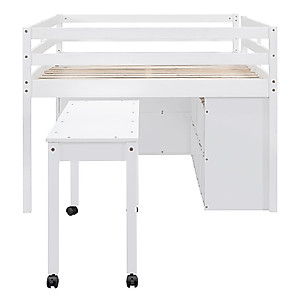 Full Size Low Loft Bed with Rolling Portable Desk, Full Bed Frame For Kids With Storage Cabinet, Drawers and Shelves, Multiple Functions Wood Loft Bed Frame for Girls Boys, Space Saving, White