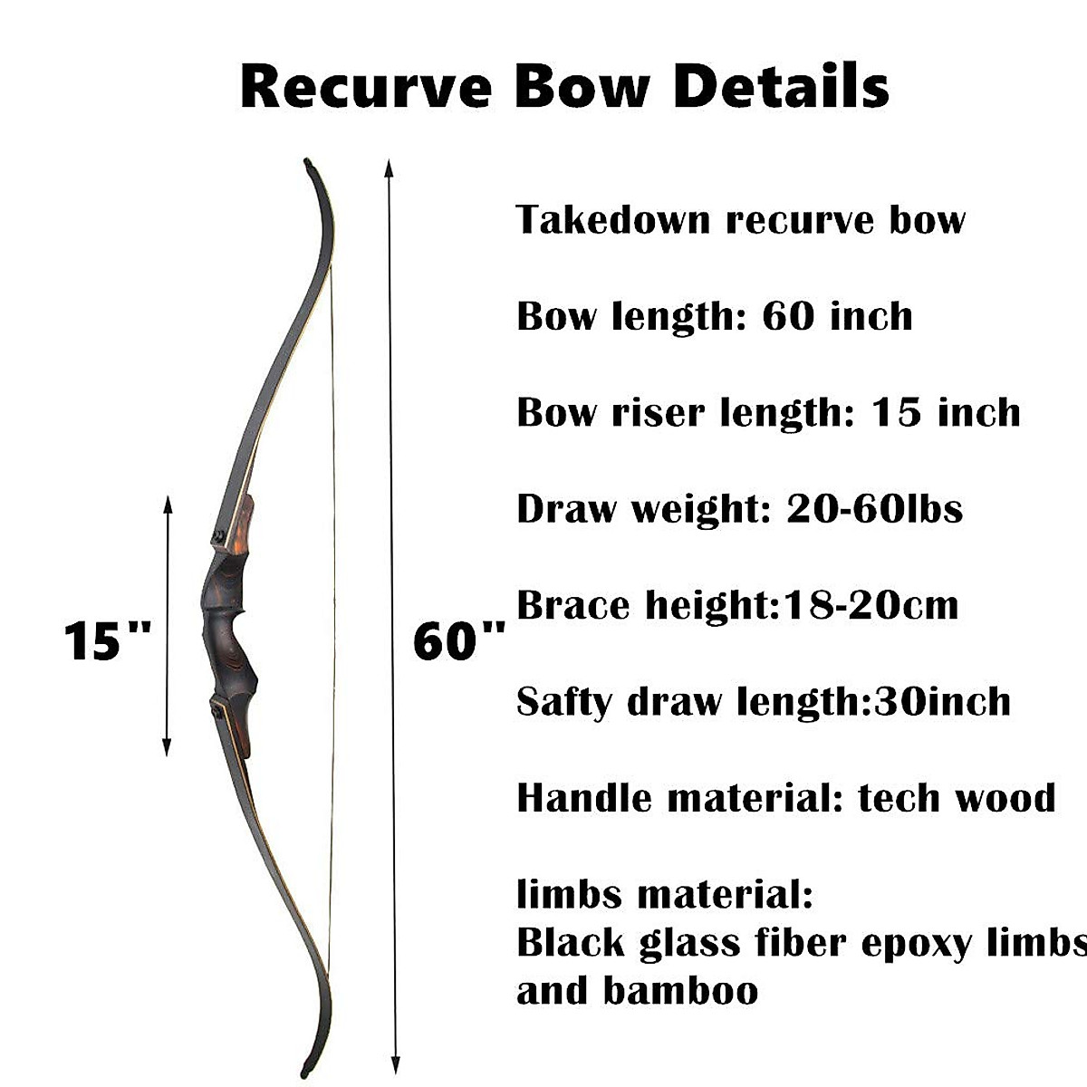 60" Black Hunter Takedown Recurve Bow 20-60 Lbs Traditional Wood Right Handed Bow American Hunting Longbow for Hunting Target Practice (Black Brown, 35 Lbs)