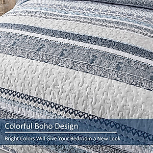 WONGS BEDDING Boho Quilt Set King Size, Light Blue Bohemian 3 Pieces Quilt Sets, Lightweight Summer Bedspread Coverlet Bedding Set for All Season (104"x90")