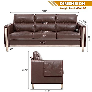 Nicemoods 79.5" PU Leather Sofa Couch with 2 Side Storage Pockets,3 Seater Sofa with Rubber Solid Wood Base&Legs,Soft Cushions,Thick Backrest,Couches for Living Room/Office/Apartment (Brown)