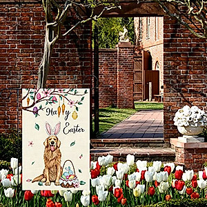 Happy Easter Garden Flag 12x18 Double Sided Burlap, Small Welcome Easter Egg Tree Dog Bunny Rabbit Garden Yard Flags for Spring Outdoor Outside Decoration (Only Flag)