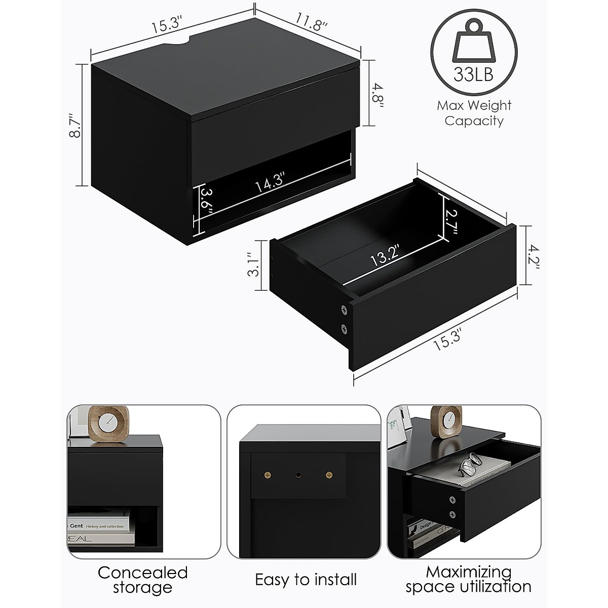 Aienvey Floating Nightstand, Small Modern Floating Nightstand with Drawer, Floating Shelves for Bedroom, Bathroom, Black