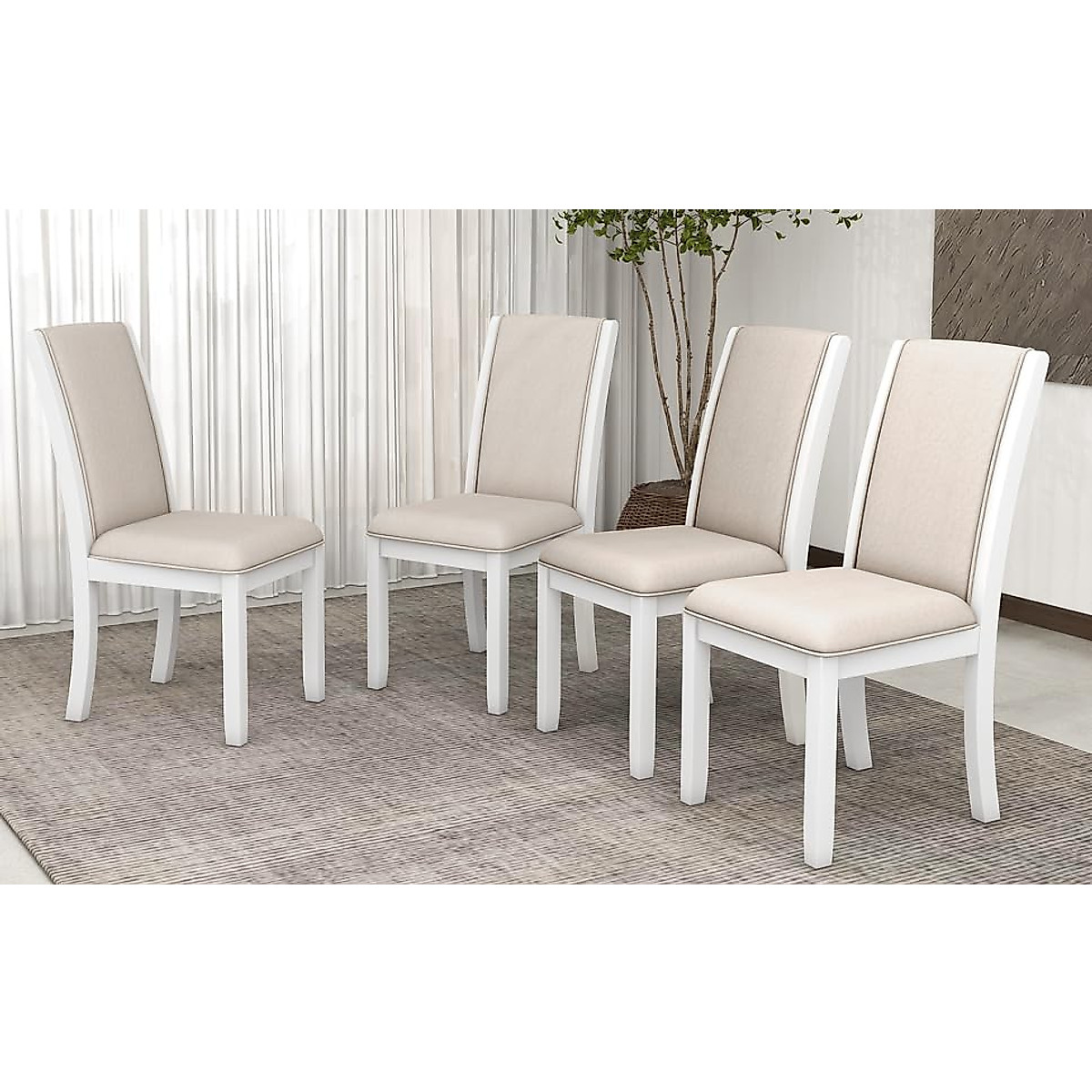 Tiophome Set of 4, Full Back Set with Upholstered, Farmhouse Dining Chairs with Solid Wood Frame and Legs,White+Cushion Beige