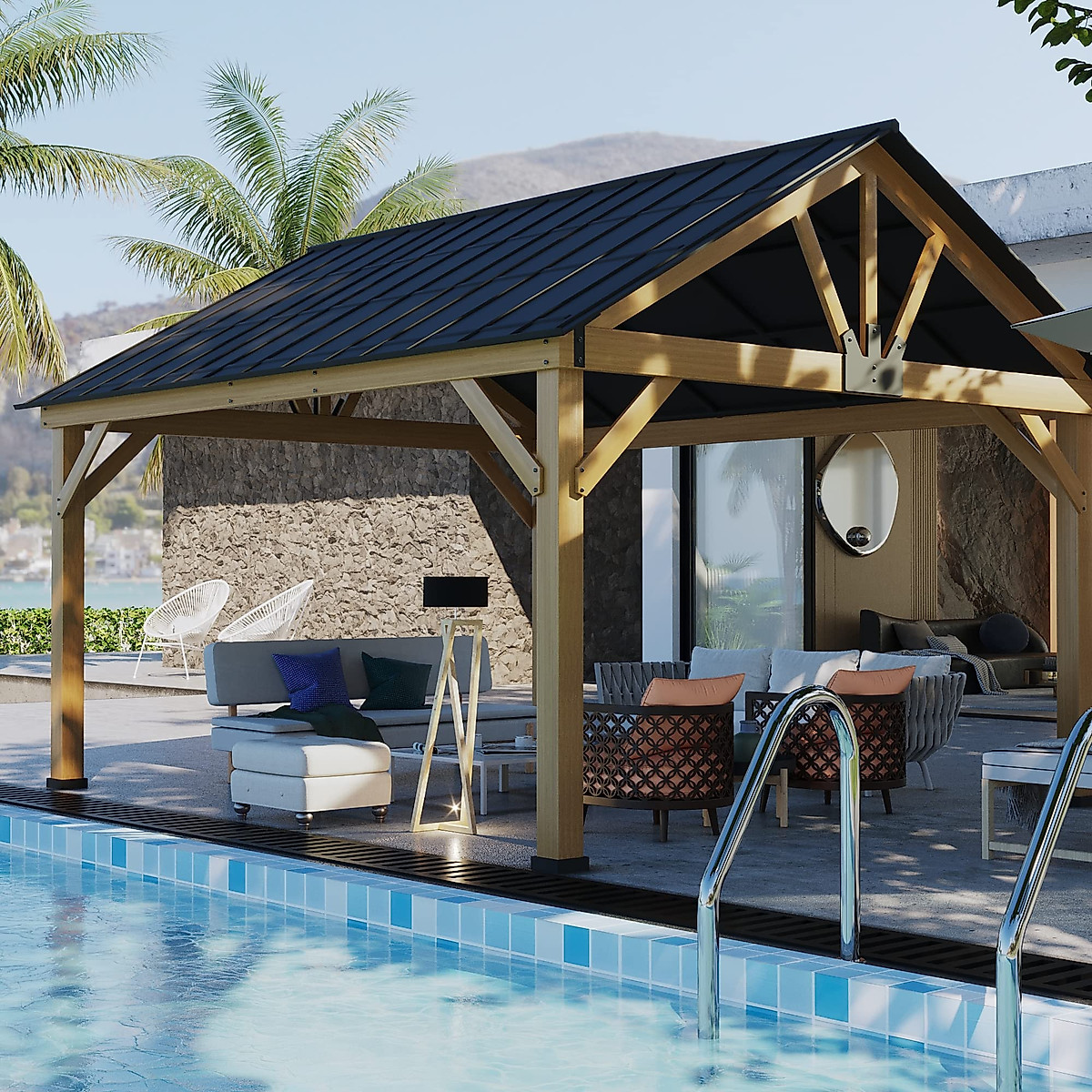 Meetleisure 13' x 15' Wood Gazebo Outdoor Gazebo Spruce Wood Framed Gazebo with Slope-Design Hardtop Roof for Garden, Patio, Lawns, Parties