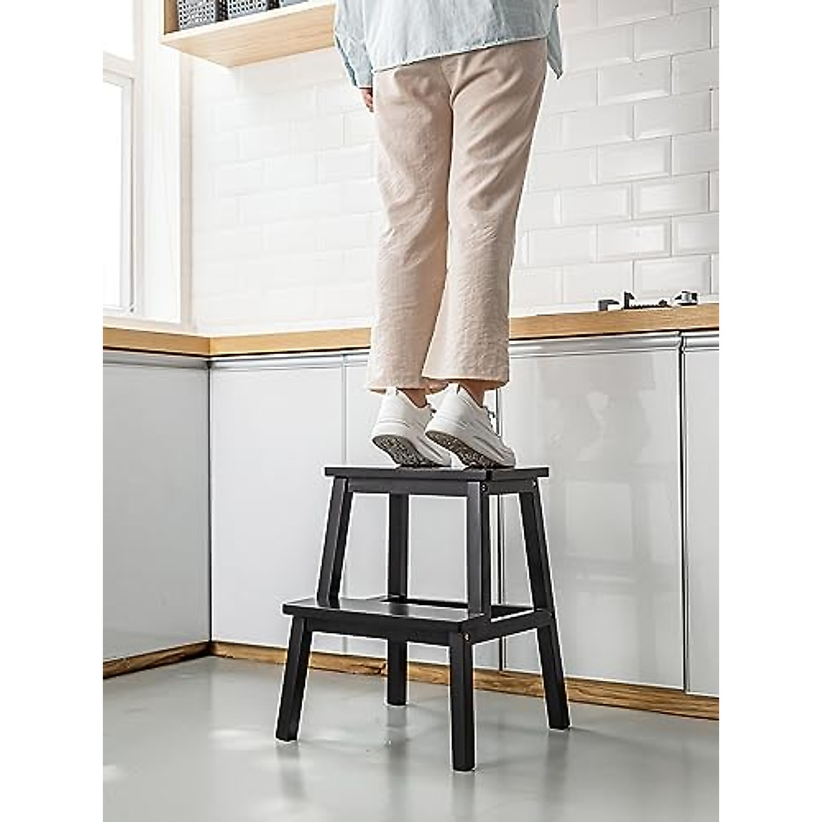 kailebao 20 inch Kitchen Step Stool Standing Tower for Kitchen Counter Solid Wood Step Office Solid Wood Step Stool for Adult Black