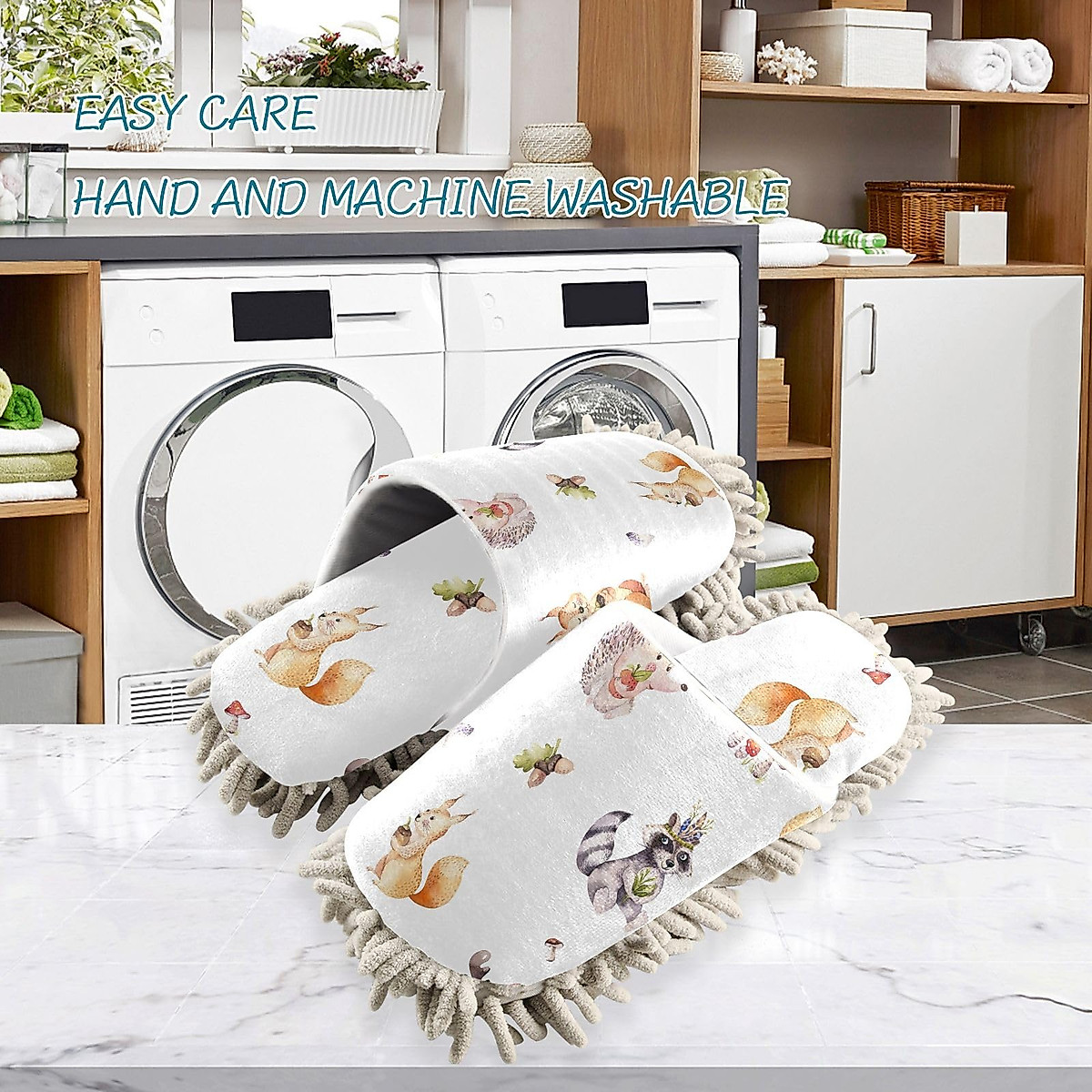 FLildon Microfiber Cleaning Slippers Cute Animals Squirrels Washable Mop Shoes Slipper for Men/Women House Floor Dust Cleaner, Size M