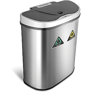 NINESTARS Automatic Touchless Infrared Motion Sensor Trash Can/Recycler with D Shape Silver/Black Lid & Stainless Base, 18 Gal, Stainless Steel
