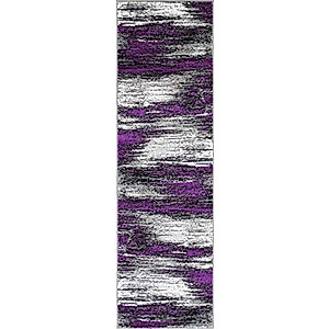 Champion Rugs Modern Rugs for Living Room Abstract Brush Stripes Soft Plush Purple Grey Black Area Rug Rugs Carpet for Office and Kitchen (2’ X 7’ Runner)