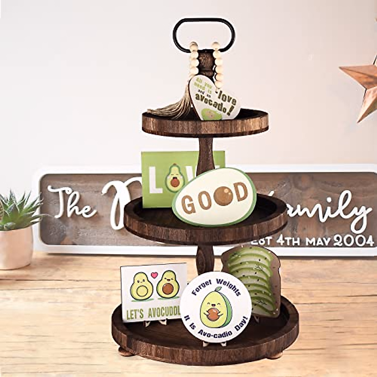 Creatart Wooden 3 Tiered Tray Stand with 8 Pieces Summer Avocado Tiered Tray Decor Set Round Wood Tiered Serving Tray for Food Kitchen Table Centerpieces Decorative Tray (Avocado)