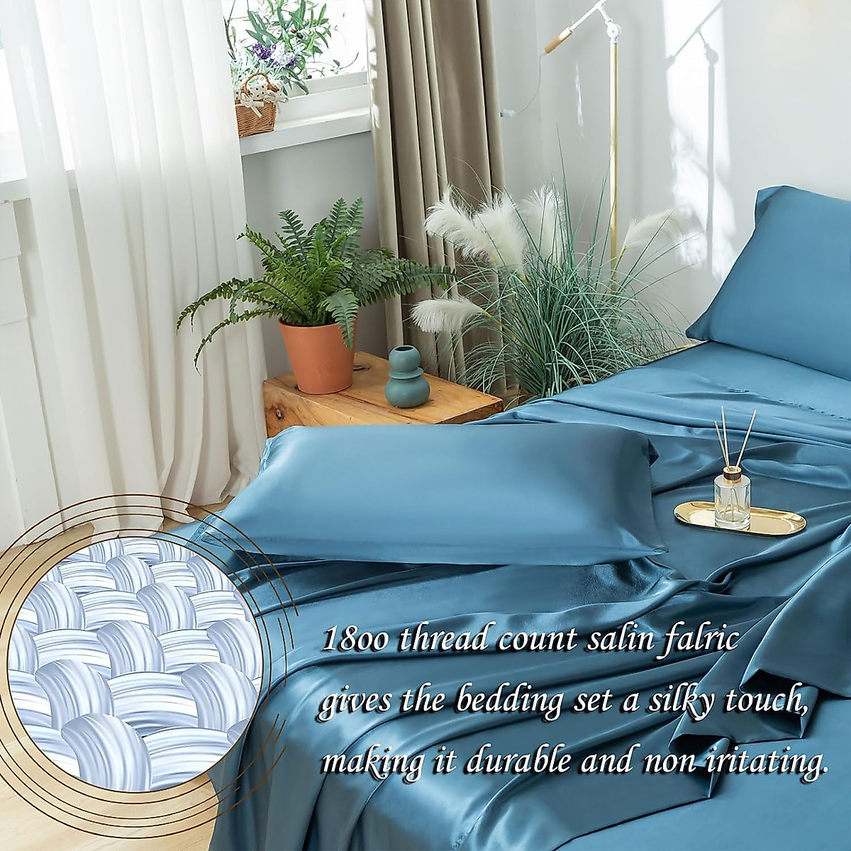 Revdomfly 4 Pcs Full Size Luxury Silky Soft Navy Blue Satin Sheet Set,1 Premium Moisture Wicking Fitted Sheet Fits Up to 16 Inches Deep Pocket + 1 Flat Sheet + 2 Pillowcases（Navy Blue, Full）