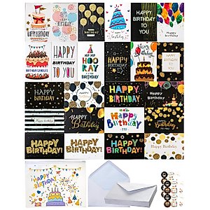 Aokisen 24 Unique Birthday Cards Bulk with Envelopes & Stickers, 4×6 inches Blank Happy Birthday Card Set, Pack of Birthday Cards for Kids, Men, Women (Style A)