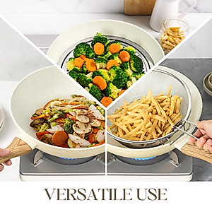 MICHELANGELO 12 Inch Wok Pan with Lid - Woks & Stir-Fry Pans Nonstick Wok with Lid, Stir Fry Pan with Cool-Touch Handle, Induction Wok Set with Stainless Steamer & Fryer Basket