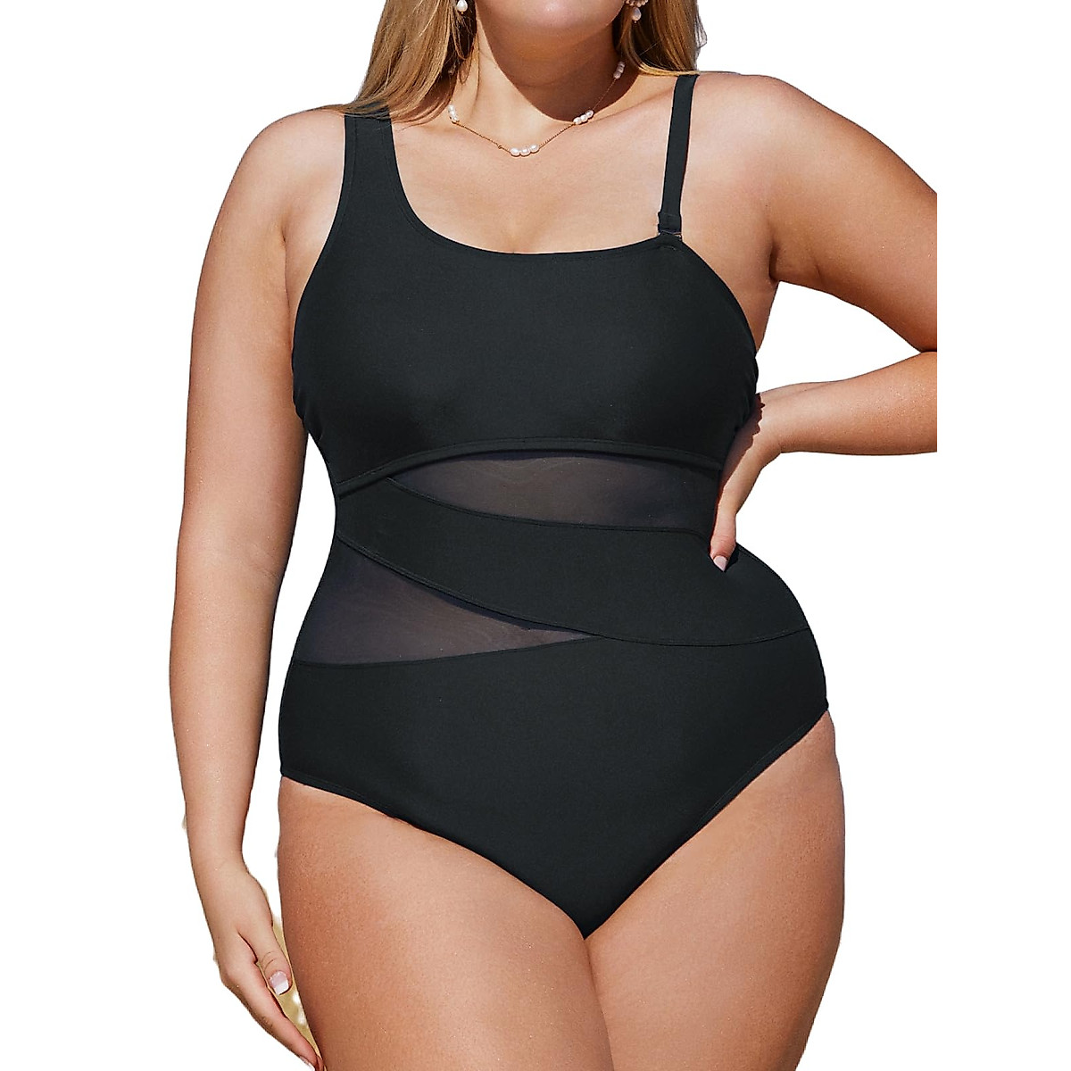 CUPSHE Women's Plus Size Swimsuit One Piece Bathing Suit Mesh Removable Straps Swimwear 1X Black