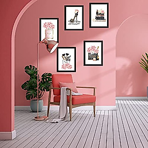 KALYLOC 6Pcs Pink Fashion Women Canvas Wall Art Prints, Pink Flower Perfume Makeup Brush High Heels Handbags Pictures Paintings, Art Decorations for Living Room Bedroom Office (8''x12'' in Unframed)