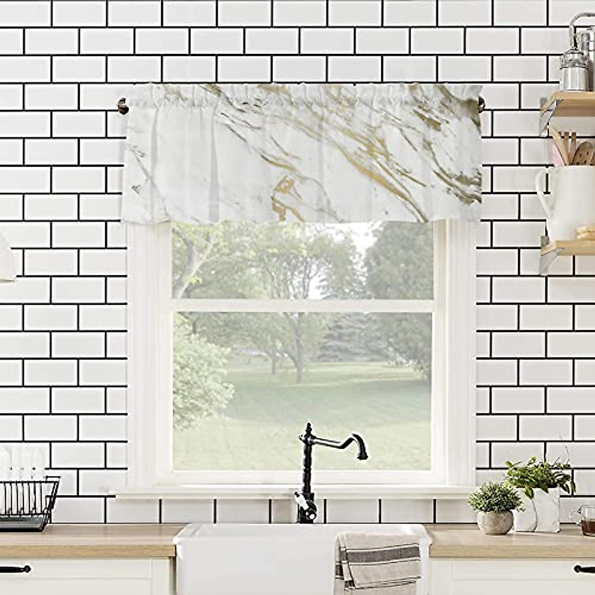 Amaze-Home Curtain Valances for Windows, White Gold Marble Window Valances, Wild Symbol Window Treatment Rod Pocket Valance Curtains for Kitchen/Bedroom/Bathroom 60x18 inch, 1 Panel