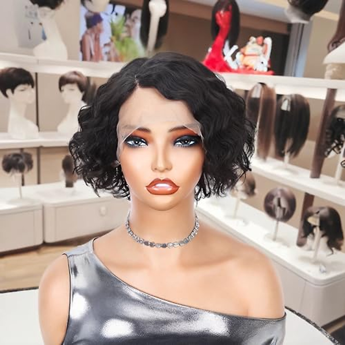WIGER Short Lace Front Wigs Human Hair for Women Short Curly Bob Wig Black Wavy Lace Wig Black Pixie Cut Wig Brazilian Virgin Human Hair Curly Wigs 180% Density Side Part
