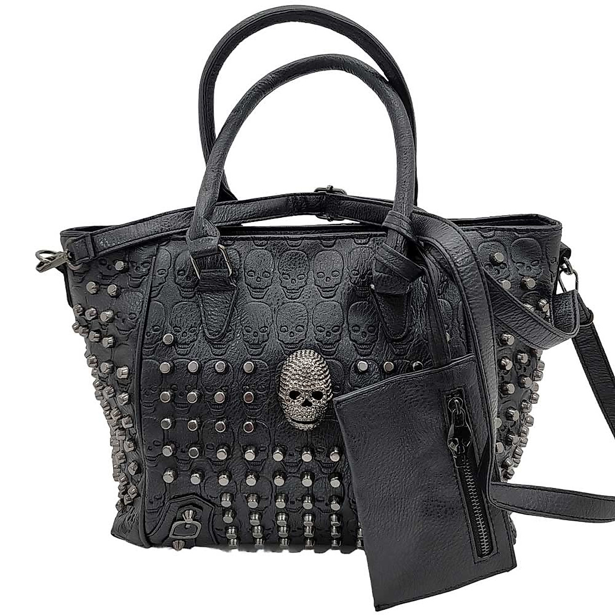EMBOSSED SKULL LEATHERETTE BAGS TOTE STYLE SKULL HANDBAGS RHINESTONE SKULL PURSES (BHW79-BLACK)