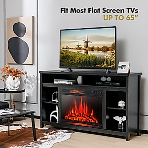 Tangkula 58 Inches Fireplace TV Stand for TVs up to 65 Inches, Modern Entertainment Center w/ 28 Inches Fireplace Insert, Remote Control, Electric Fireplace TV Console Table (Black)