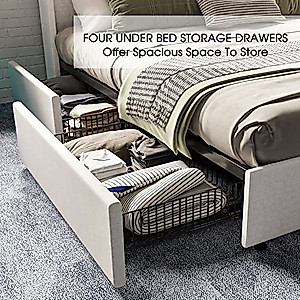 AMERLIFE Queen Bed Frame with RGBW LED Lights Headboard & 4 Storage Drawers, Upholstered Smart Platform Bed with USB & USB-C Ports, Box Spring Optional, Cream