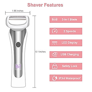 Electric Shaver for Women Legs, Painless Lady's Bikini Trimmer Body Hair Removal, Waterproof 3-in-1 Blade Hair Razor Epilator with LED Display for Arm Armpit Chin Bikini Area & Upper Lip (White)