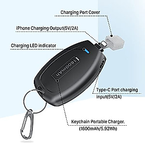 HUAENG Keychain Portable Charger Power Bank for iPhone 14 13 8 7, Airpods, 1600mAh Mini iPhone Power Emergency Pod Ultra-Compact External Fast Charging Battery Pack Key Ring Cell Phone Charger -Black
