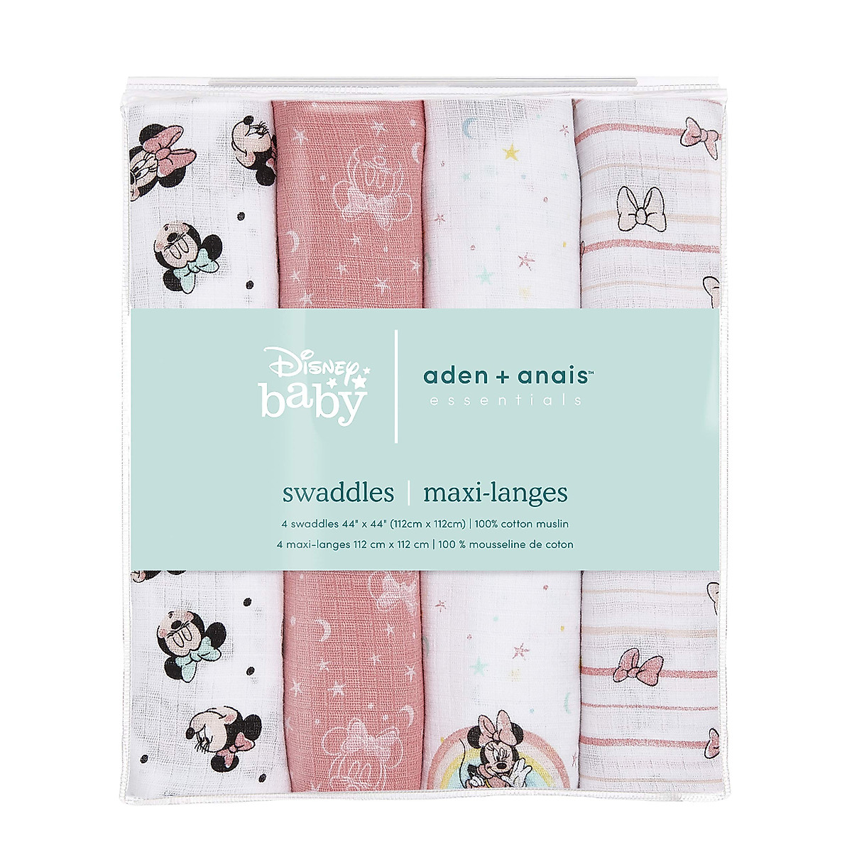 aden + anais Aden Swaddle Blanket, Muslin Blankets for Girls & Boys, Baby Receiving Swaddles, Ideal Newborn Gifts, Unisex Infant Shower Items, Wearable Swaddling Set, 4 Pk, Minnie Mouse Rainbows