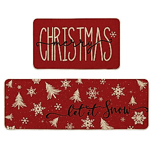 Artoid Mode Xmas Trees Snowflake Let It Snow Merry Christmas Kitchen Mats Set of 2, Winter Decor Low-Profile Kitchen Rugs - 17x29 and 17x47 Inch