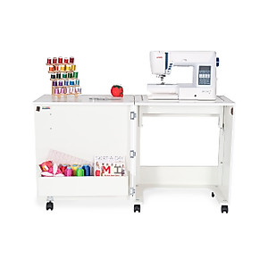 Arrow Sewing Classic Furniture “Judy” Sewing Cabinet: Portable, Folding, Compact, Locking Wheels, with Storage Bin and Hydraulic Machine Lift-White