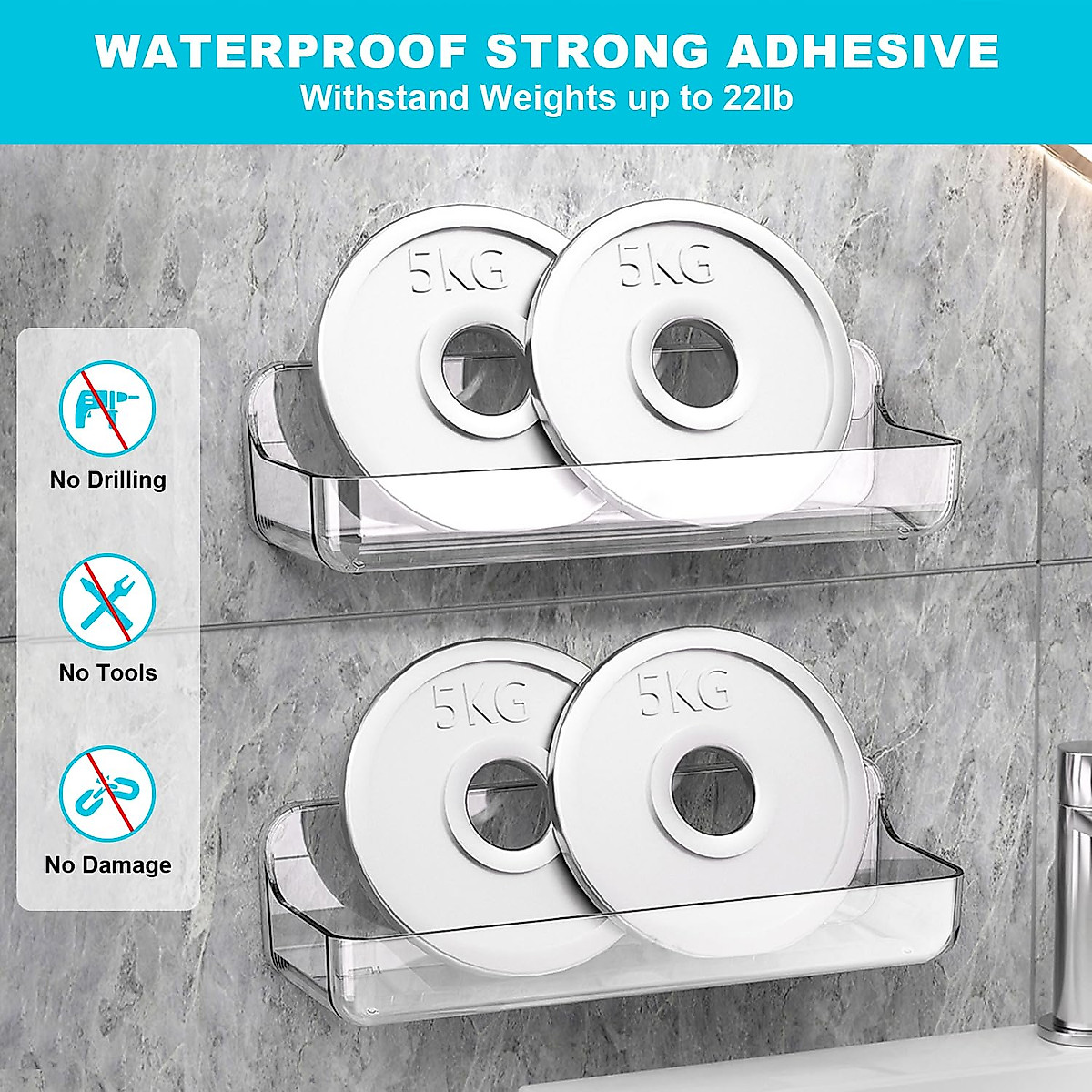 CGBE 2-Pack Acrylic Shower Shelves, Large Capacity Adhesive Shower Shelf, No Drilling Adhesive Bathroom Shelf with Drain Holes,Clear Wall Mount Organizer for Bathroom Storage