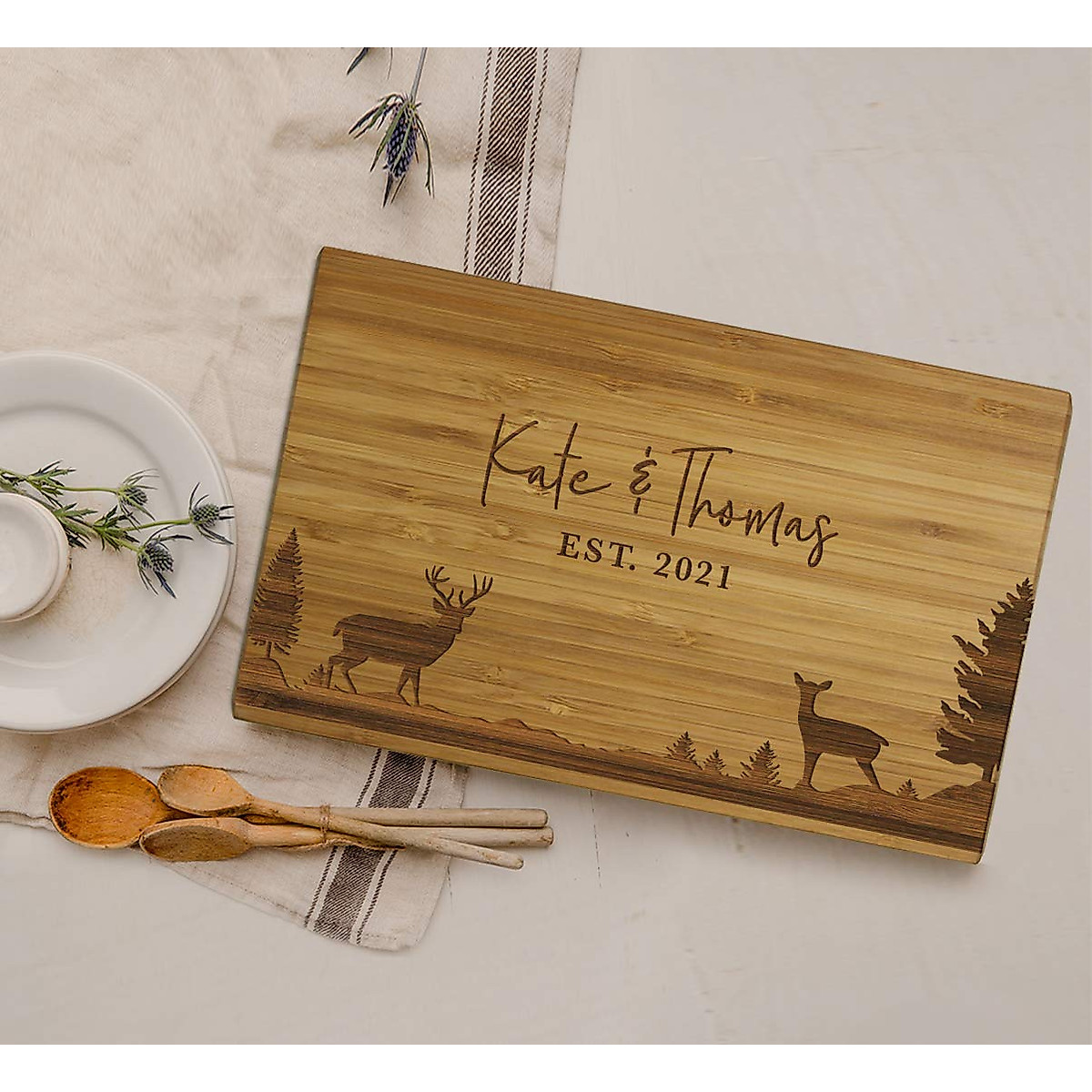 Andaz Press Personalized Large Bamboo Wood Cutting Board Gift, 17.75 x 11-inch, James & Emma, Est. 2024, Rustic Deer Forest, 1-Pack, Custom Engraved Serving Chopping Board Christmas