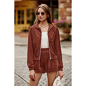 PRETTYGARDEN Women's 2 Piece Velour Tracksuit Casual Long Sleeve Zip Up Hoodie And Shorts Set Jogger Outfits (Caramel,Medium)
