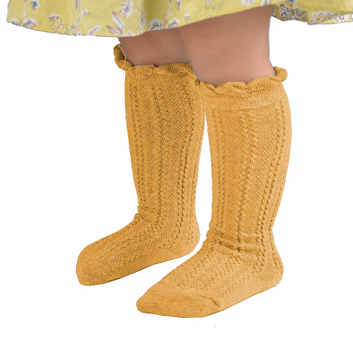 EPEIUS 5 Pairs Little Girls Cotton Uniform Knee High Socks Kids Boys Tube Ruffled Stockings for 6-8 Years,White/Grey/Navy/Yellow/Wine Red