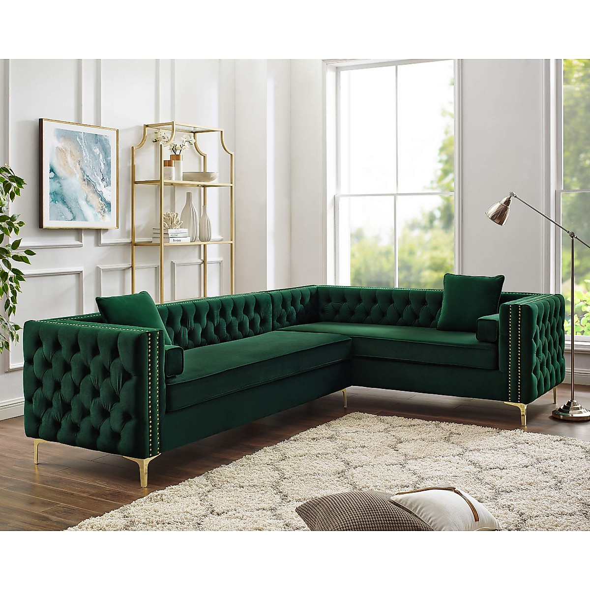 Inspired Home Green Corner Sectional Sofa - Design: Giovanni | 120" Right Facing | Velvet | Storage | Metal Legs | Tufted Design