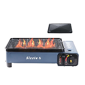 Sizzle Goods Portable Butane Gas Grill with Iwatani Style Stainless Steel Cooking Grate and Nonstick Griddle, Indoor Tabletop Stove, Camping, Korean BBQ, Japanese Yakitori, Yakiniku, Asador Fugitivo