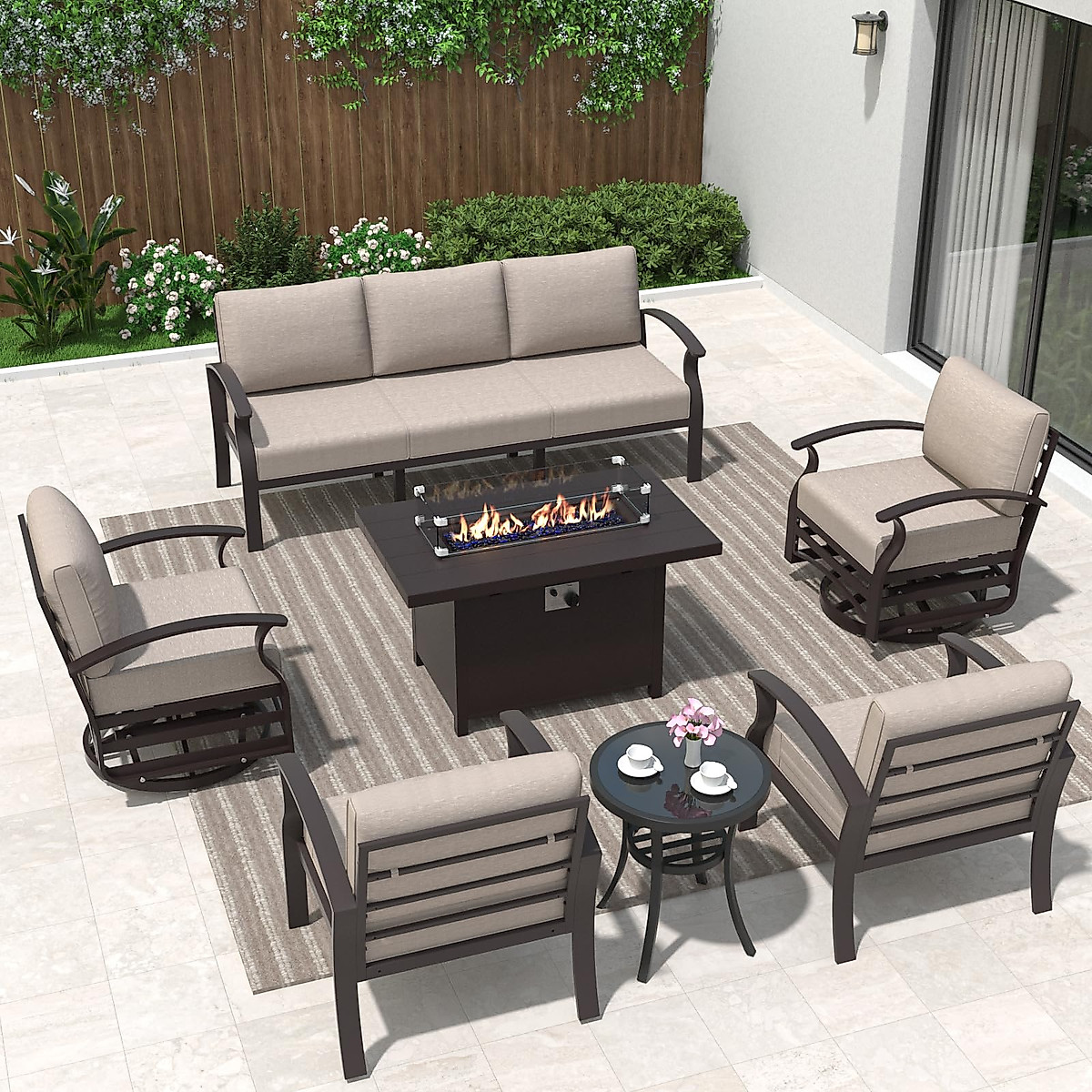 ALAULM Aluminum Patio Furniture Set with Propane Fire Pit Table Metal Outdoor Furniture w/Fire Pit Patio Conversation Sets w/5.1" Cushions and 7 Seats for Patio,Backyard,Poolside-Khaki