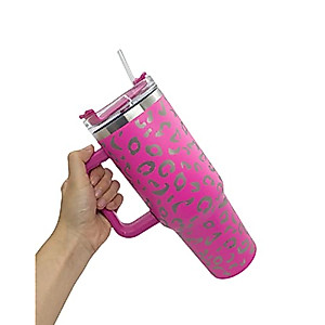 40 oz Tumbler with Handle and Straw with lid Leopard Stainless Steel Thermos Mug Coffee Cup Outdoor Sports Travel Sippy Mug Gift 1st (rose red)