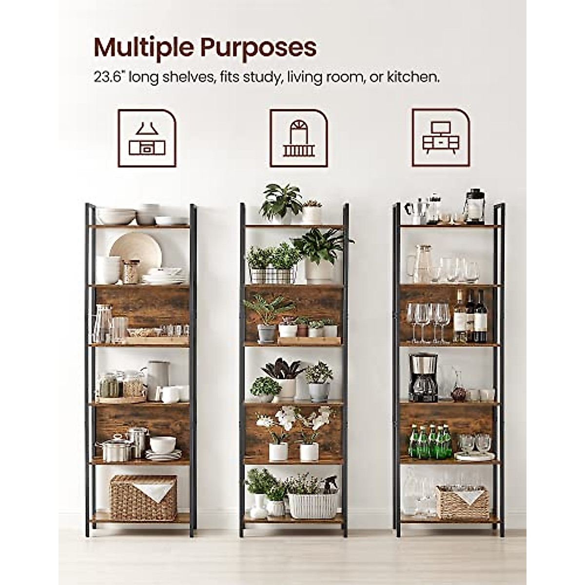 VASAGLE ALINRU 6-Tier Bookshelf, Tall Storage Shelves, Shelving Unit with Steel Frame, for Living Room, Entryway, Hallway, Office, Industrial Style, Rustic Brown and Black ULLS113B01