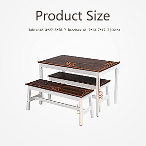 Alohappy Dining Table Set with 2 Benches, Rectangular Kitchen Table Set for 4-6 Person, Small Room Pine Wood Table for Kitchen, Dining Room, Easy Assembly (Dark Brown)