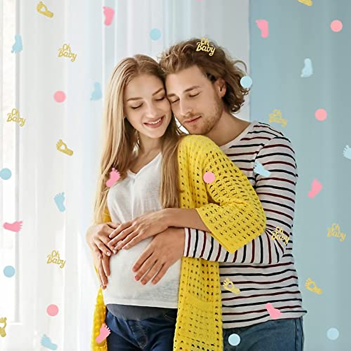 MARFOREVER 350 Pieces Gender Reveal Confetti Baby Shower Decoration Blue Pink Gold Oh Baby Round Footprints Gender Reveal Party Wedding Tabletop Paper Scraps