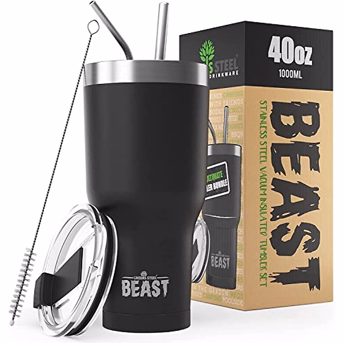 Beast 40 oz Tumbler Stainless Steel Vacuum Insulated Coffee Ice Cup Double Wall Travel Flask (Matte Black)