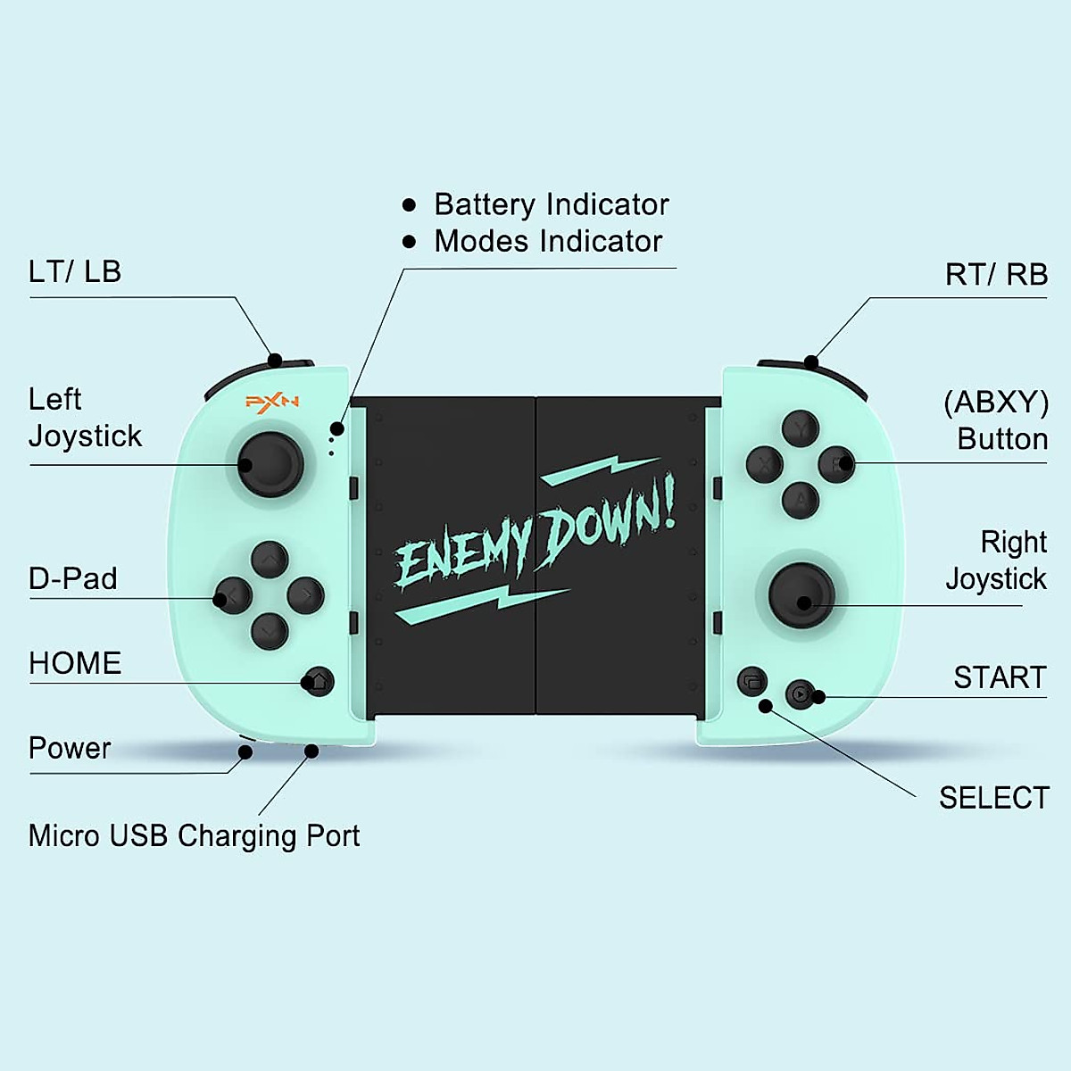 Mobile Game Controller, PXN P30PRO Retractable Low Latency FPS Game Gamepad, Micro USB Plug and Play E-Sports Gamepad for 4-6.67inch (Stretch: 6.5) Android/Apple/Samsung Smartphones - Cyan