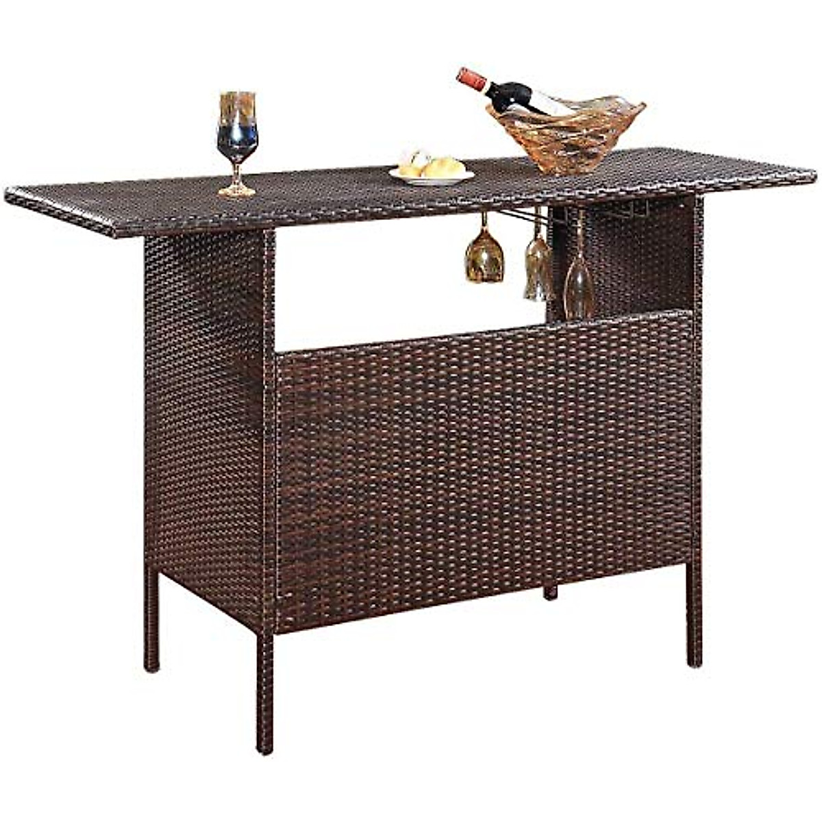 SPSUPE Outdoor Patio Rattan Bar Table, Wicker Bar Counter Table with 2 Steel Shelves and 2 Sets of Rails, 55.1"X 18.5"X 36.2" (L x W x H), Ideal for Garden, Backyard and Pool Side, Brown