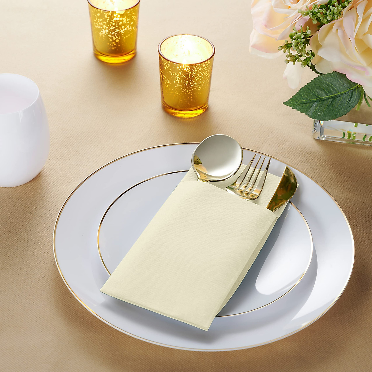 50-Pack Disposable Linen-Feel Dinner Napkins with Built-in Flatware Pocket, CREAM Prefolded Cloth Like Paper Napkins For Dinner, Wedding Or Party [Silverware NOT Included]