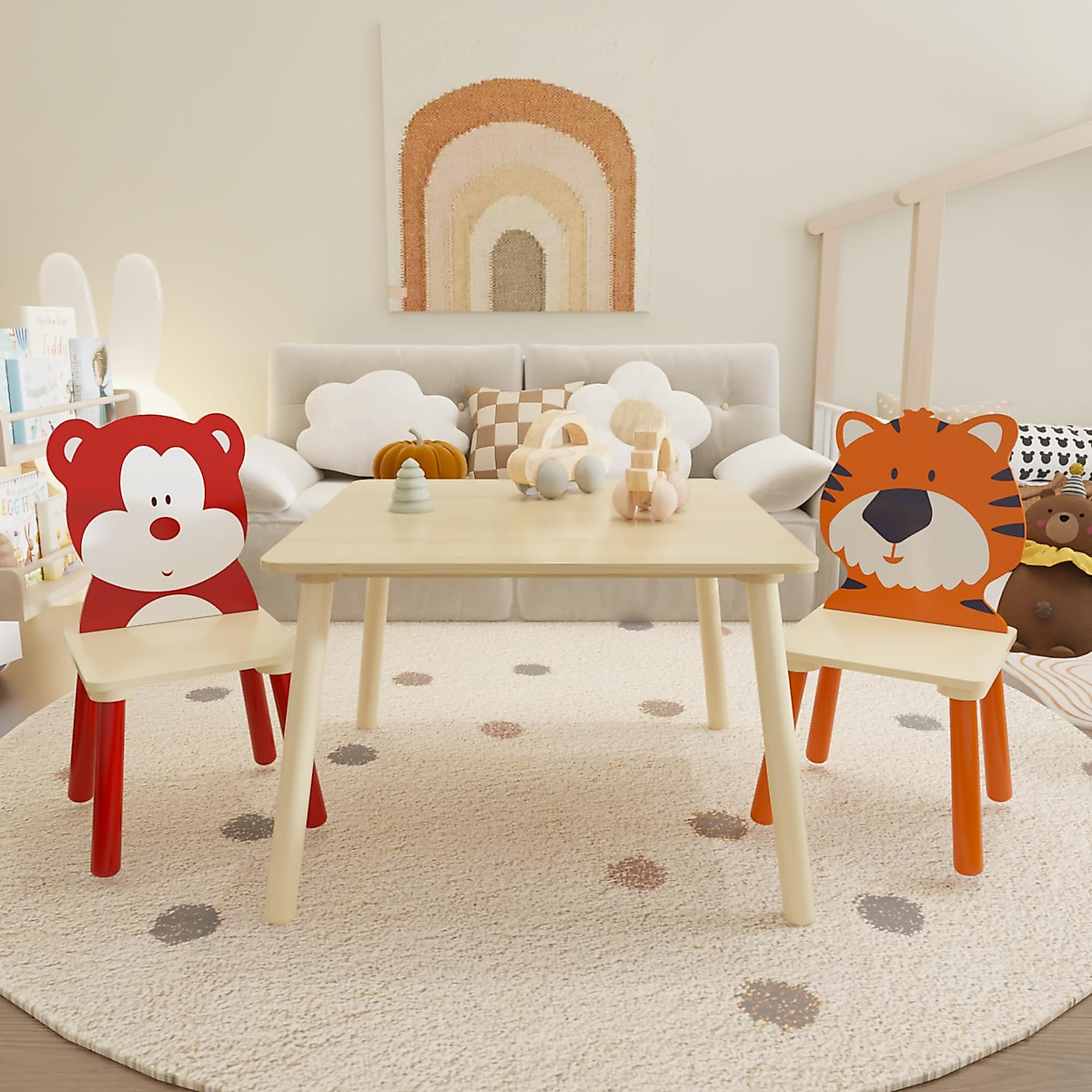 3 Piece Wood Table & Chair Set for Age 2-6 Boy Girl, Wood Activity Table Drawing Play Table Set w/ 2 Animals Chairs for Home, Nursery, Kindergarten, Age 2-6 Boy Girl Activity Table Chair 3 Pieces Set