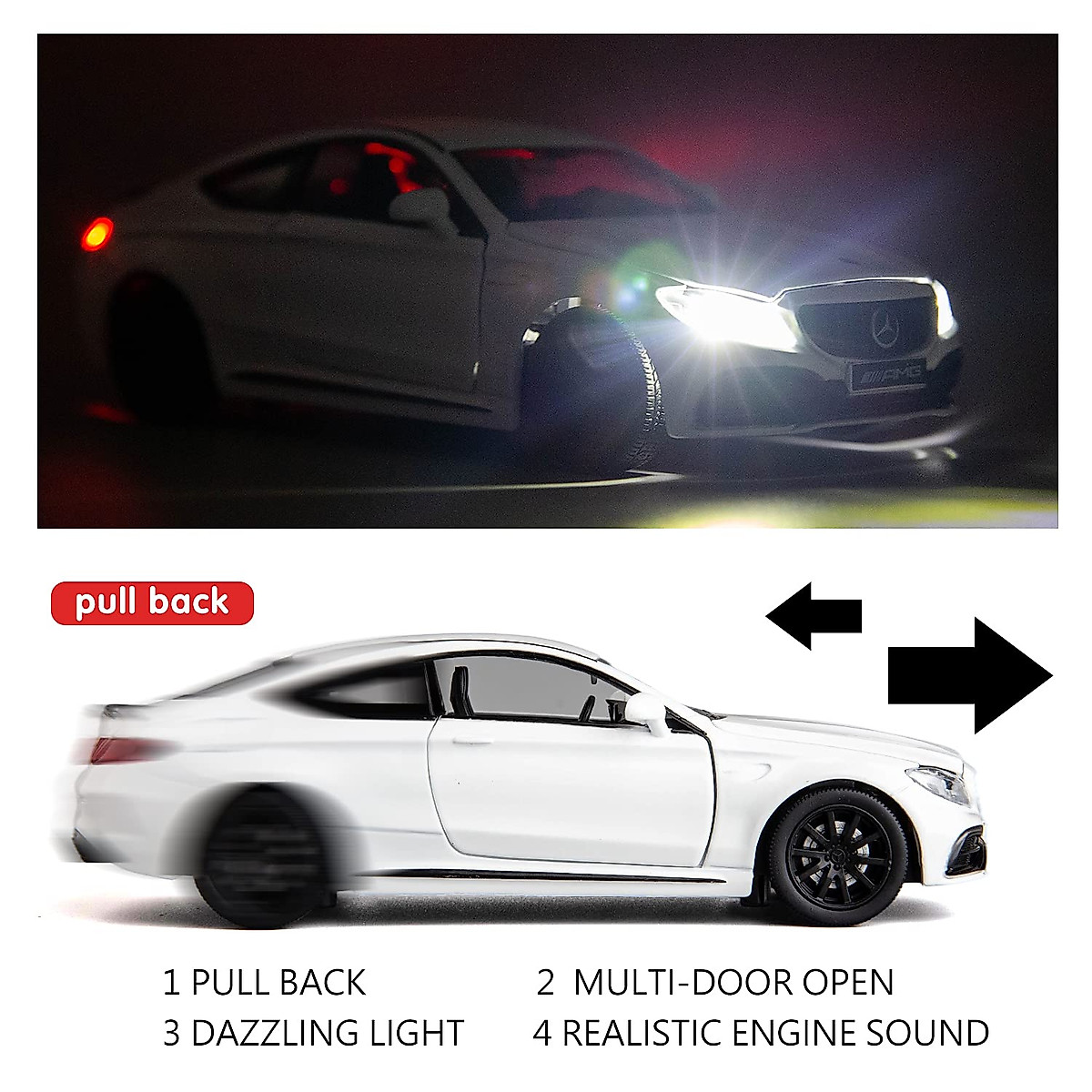 RMZ City Compatible for 1:32 Mercedes-Benz C63 Modle Cars, Diecasting Alloy Pull Back Toy Car with Sound and Light Toy for Girls and Boys Kids Toys Red