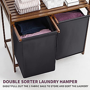WORTHYEAH Bamboo Laundry Hamper 2 Section Double Landry Organizer Basket with Removable Storage Sorter Bags and Shelf Wooden Dual Laundry Sorter with Sliding Handles Brown